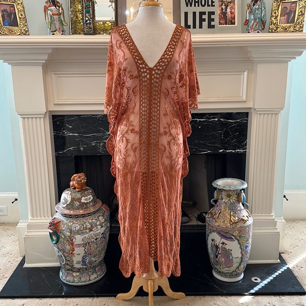 “Roommates” Burnt Orange Sheer Lace Tunic - Gem